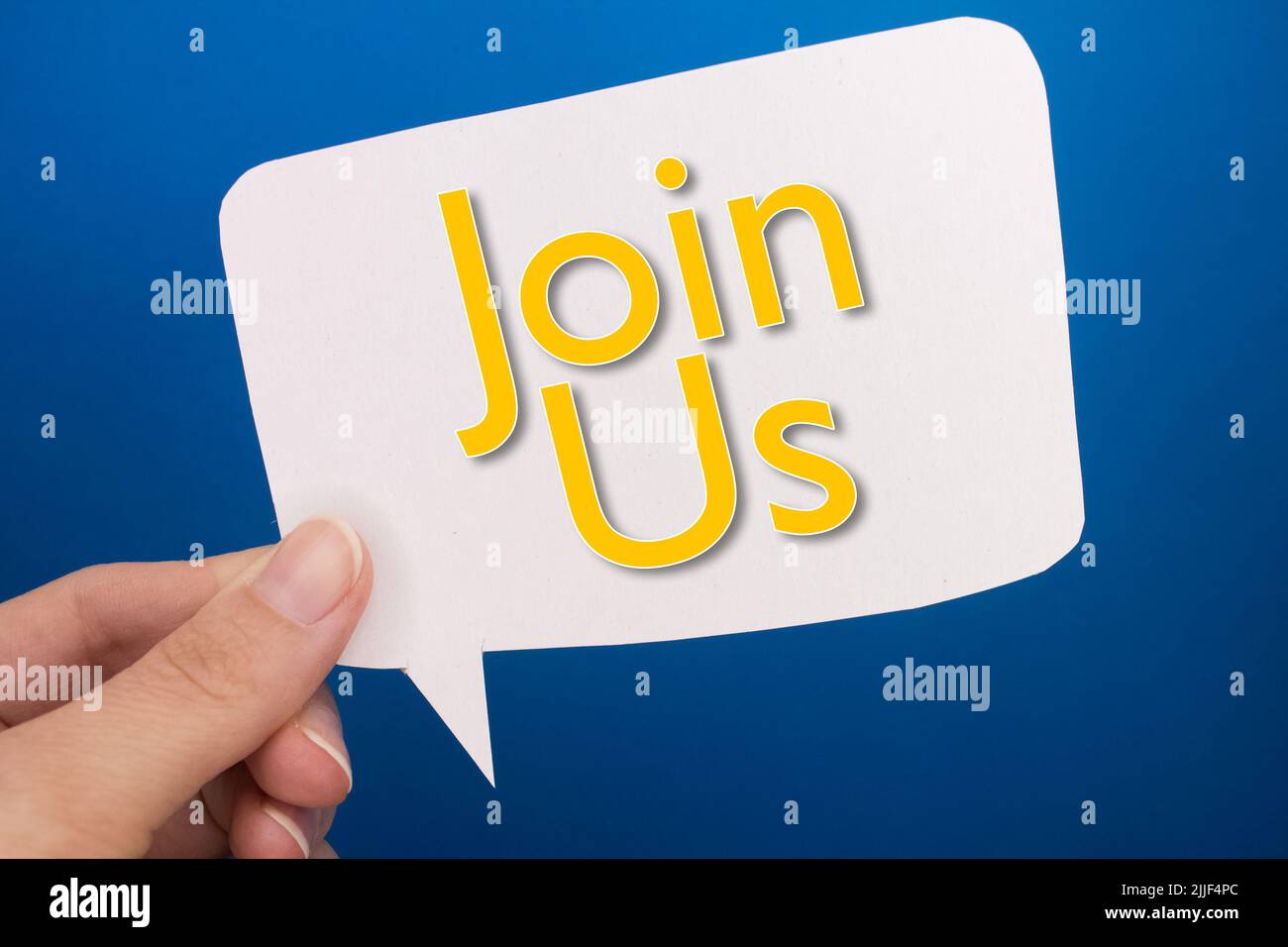 Speech bubble in front of colored background with Join Us text Stock ...