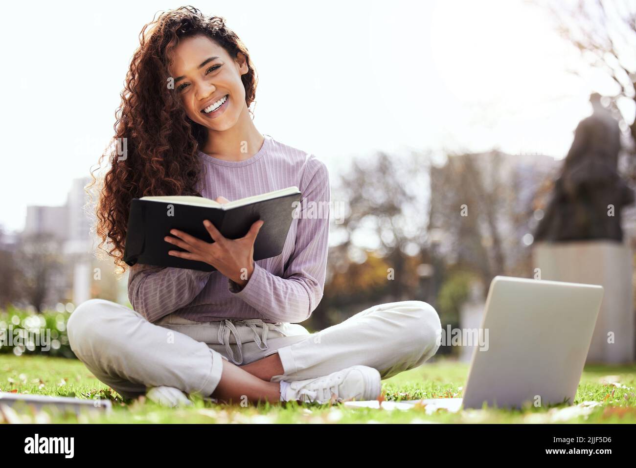 Study hard and dream big. a young female student studying in nature ...