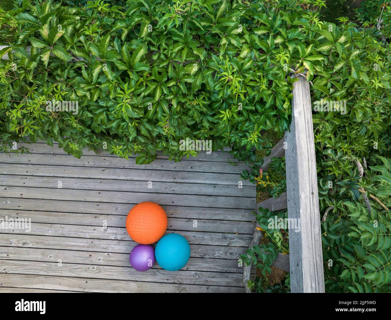 aerial view of a backyard deck with three heavy slam balls filled with ...