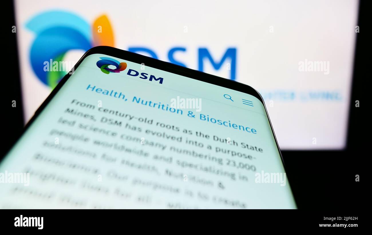 Mobile phone with webpage of Dutch chemicals company Koninklijke DSM N ...