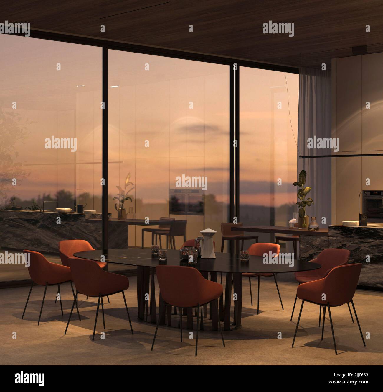 Elegant kitchen and dining room with bright night sky, stone floor ...