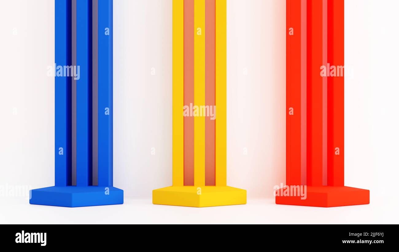 Set of Red yellow blue pentagon podium with modern geometric pillar ...
