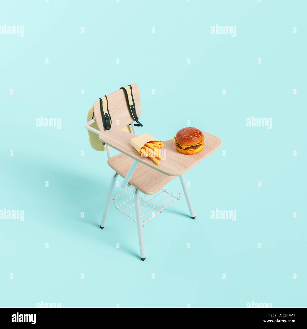 3D illustration of french fries and burger placed on school desk during ...