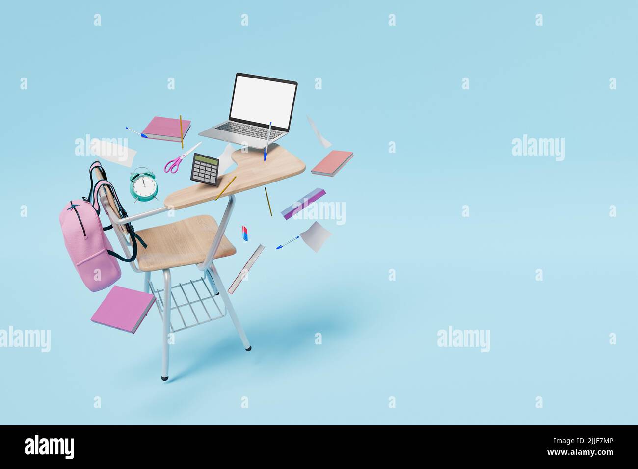 3D illustration of tilted school desk with flying stationery and ...