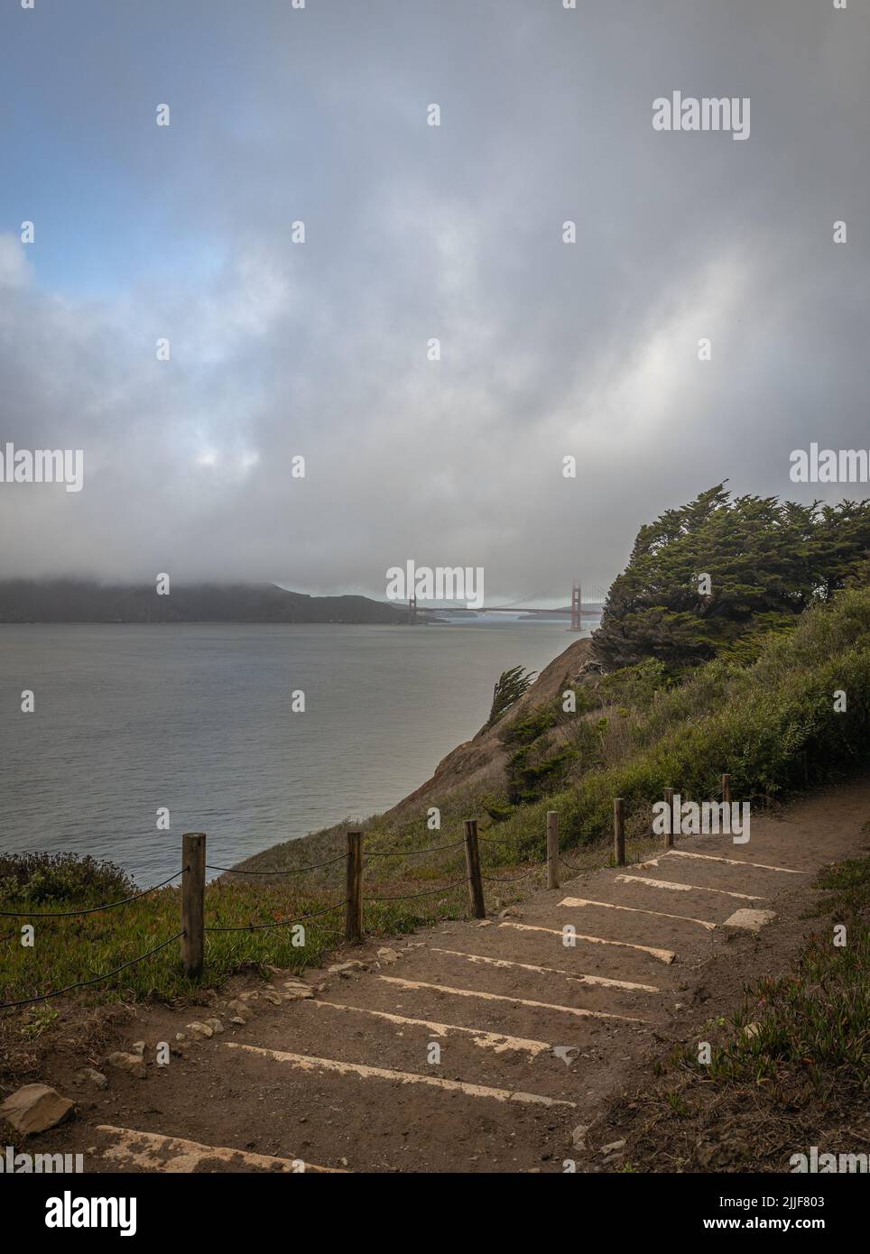 A path on the coast with dense trees and the Golden Gate bridge in a ...