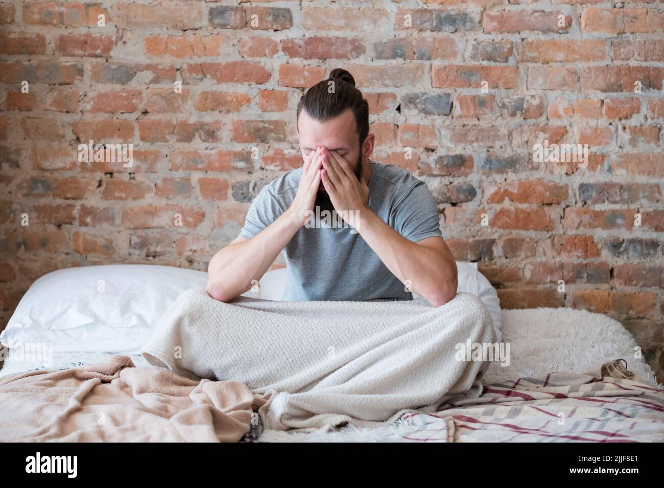 omg morning man bed tired look exhaustion Stock Photo - Alamy