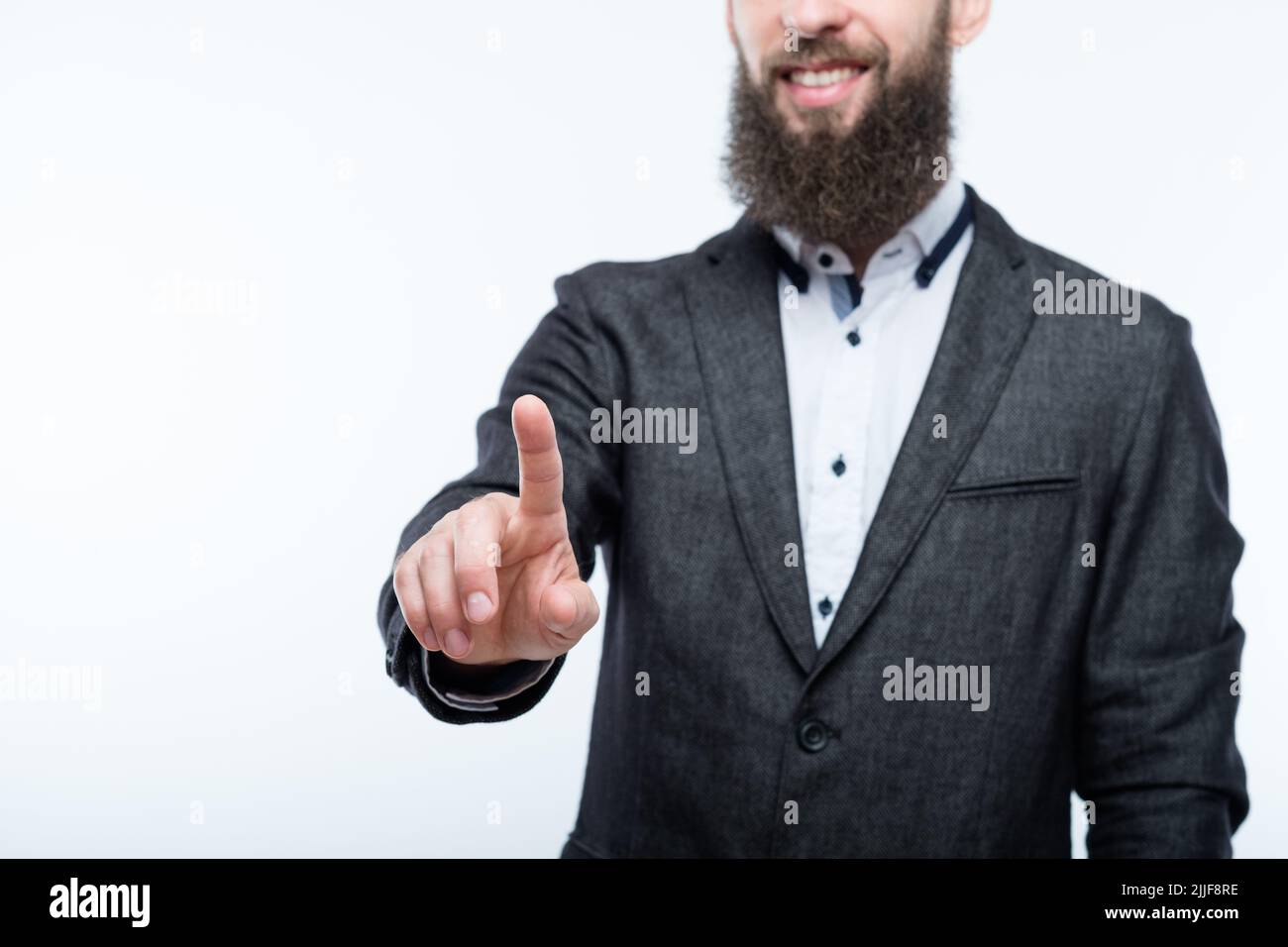 business man press invisible button interface Stock Photo - Alamy