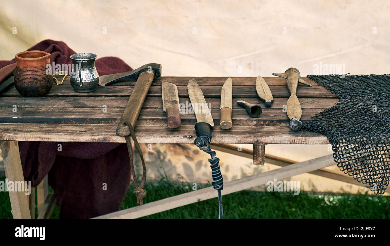 Ancient Roman weapons and armor - swords and chain mail. Reconstruction ...
