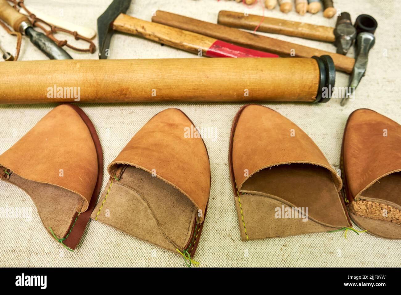 Making medieval vintage leather shoes, items for creating retro boots ...