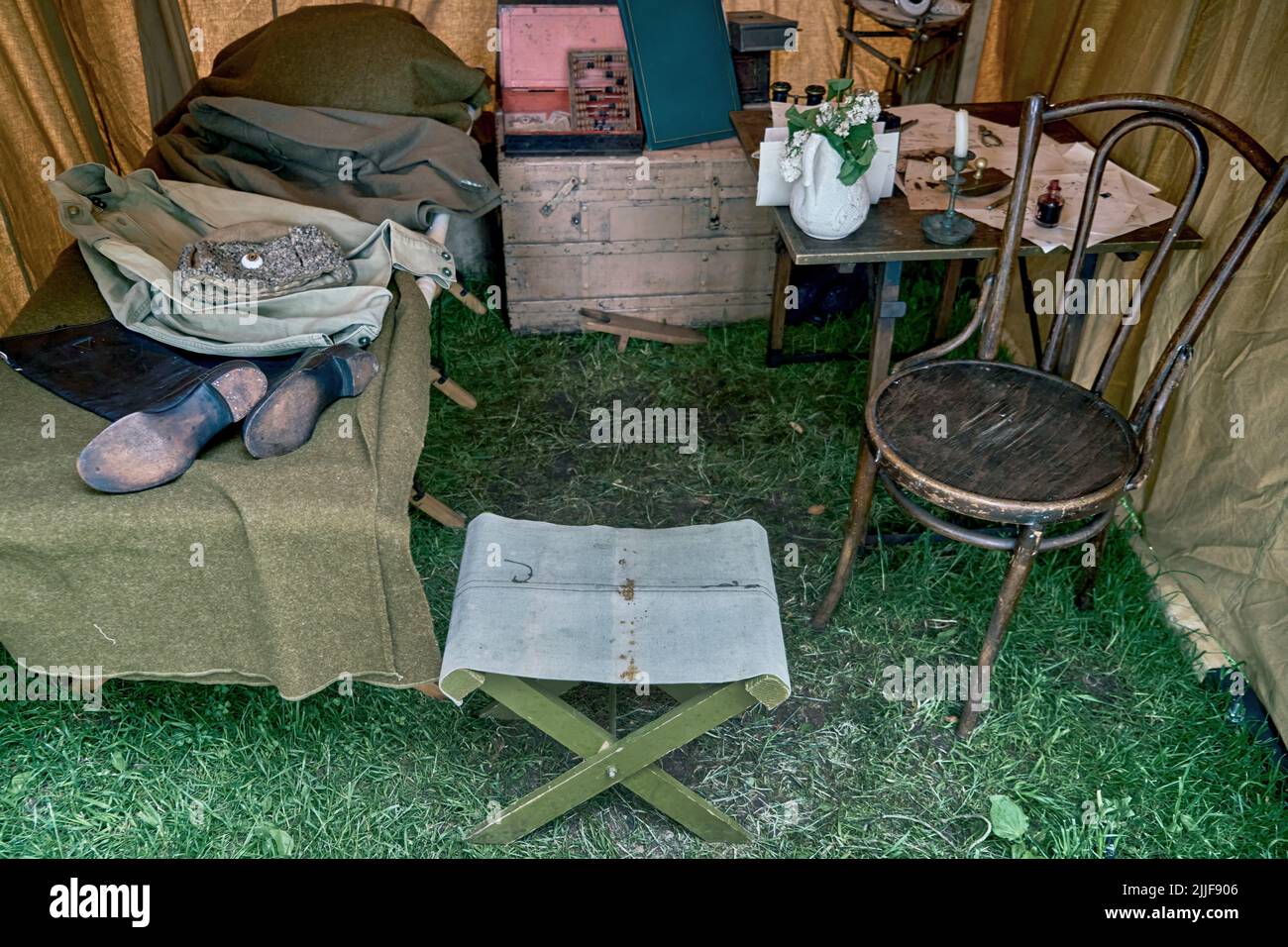 Vintage tent of a Russian officer with retro things from the First ...