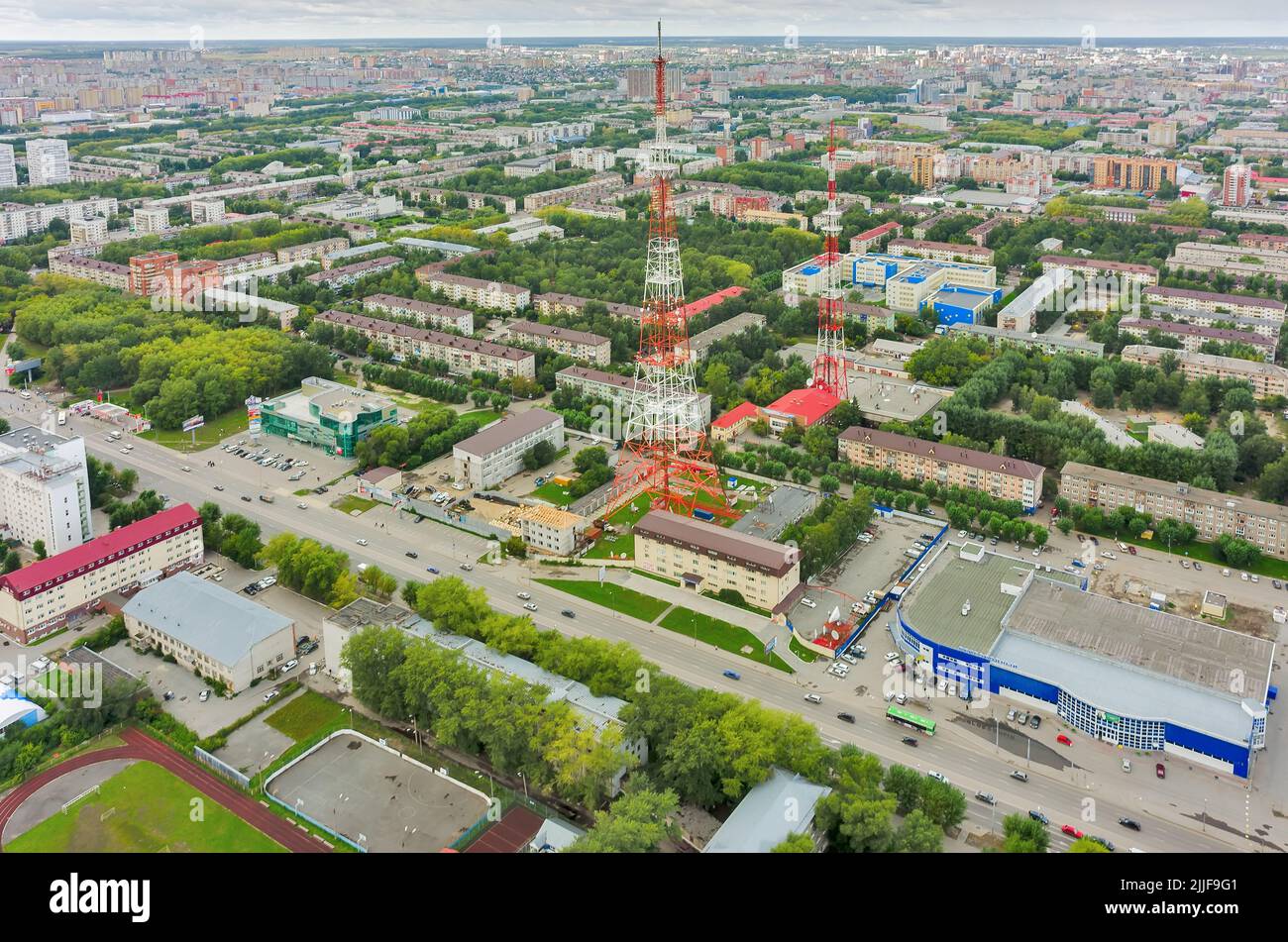 Bird eye view on Tyumen city and two TV towers Stock Photo - Alamy