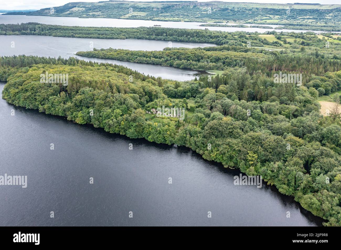 Aerial view of Castle Caldwell in County Fermanagh - Northern Ireland ...