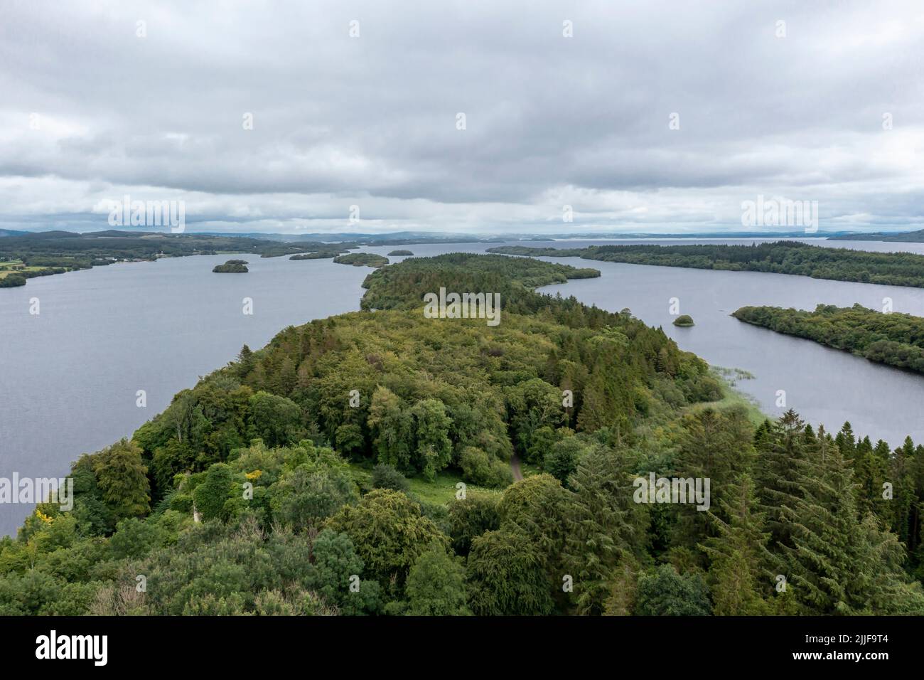 Aerial view of Castle Caldwell forest in County Fermanagh - Northern ...