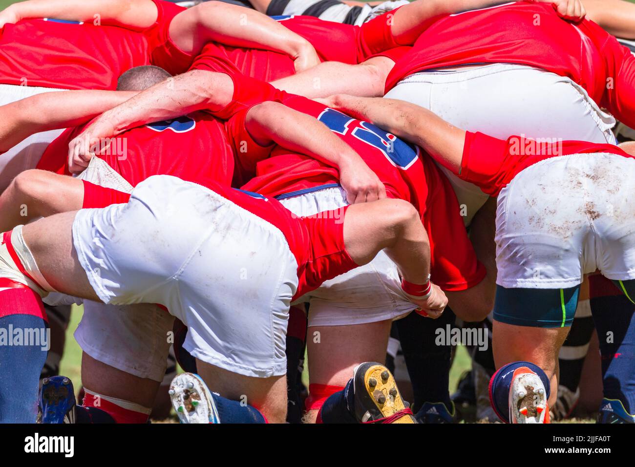Rugby players game close-up scrum locked together rear behind ...