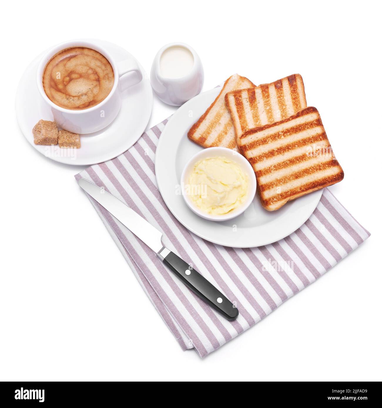 Breakfast with coffee, toasts and butter isolated on white background ...