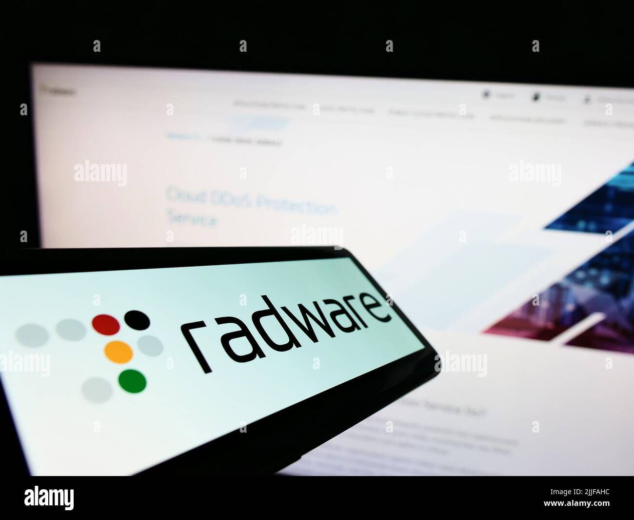 Smartphone with logo of US cybersecurity company Radware Ltd. on screen ...