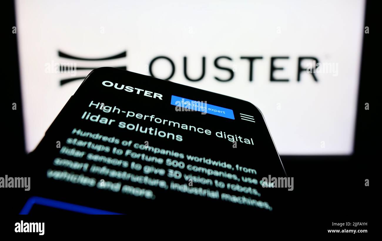 Mobile phone with website of US lidar technology company Ouster Inc. on ...