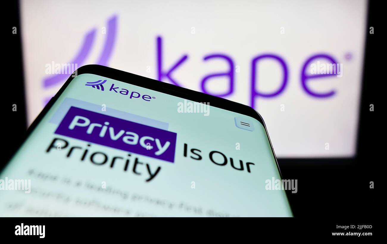 Smartphone with website of cybersecurity company Kape Technologies plc ...