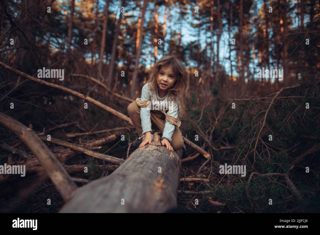 Autumn portrait of happy little girl balancing on tree trunk outdoors ...