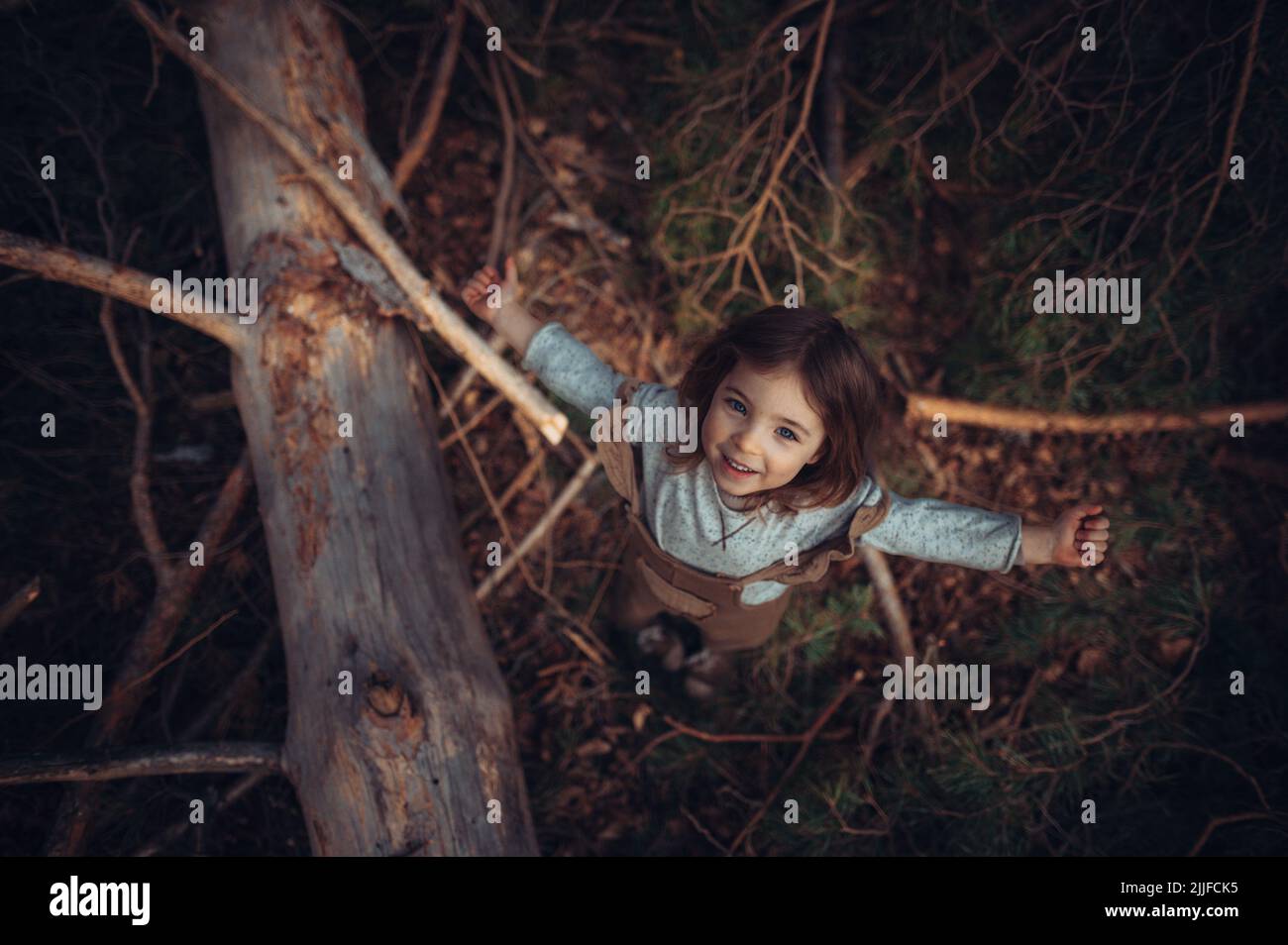 High angle view of happy little girl with arms outstretched feeling ...