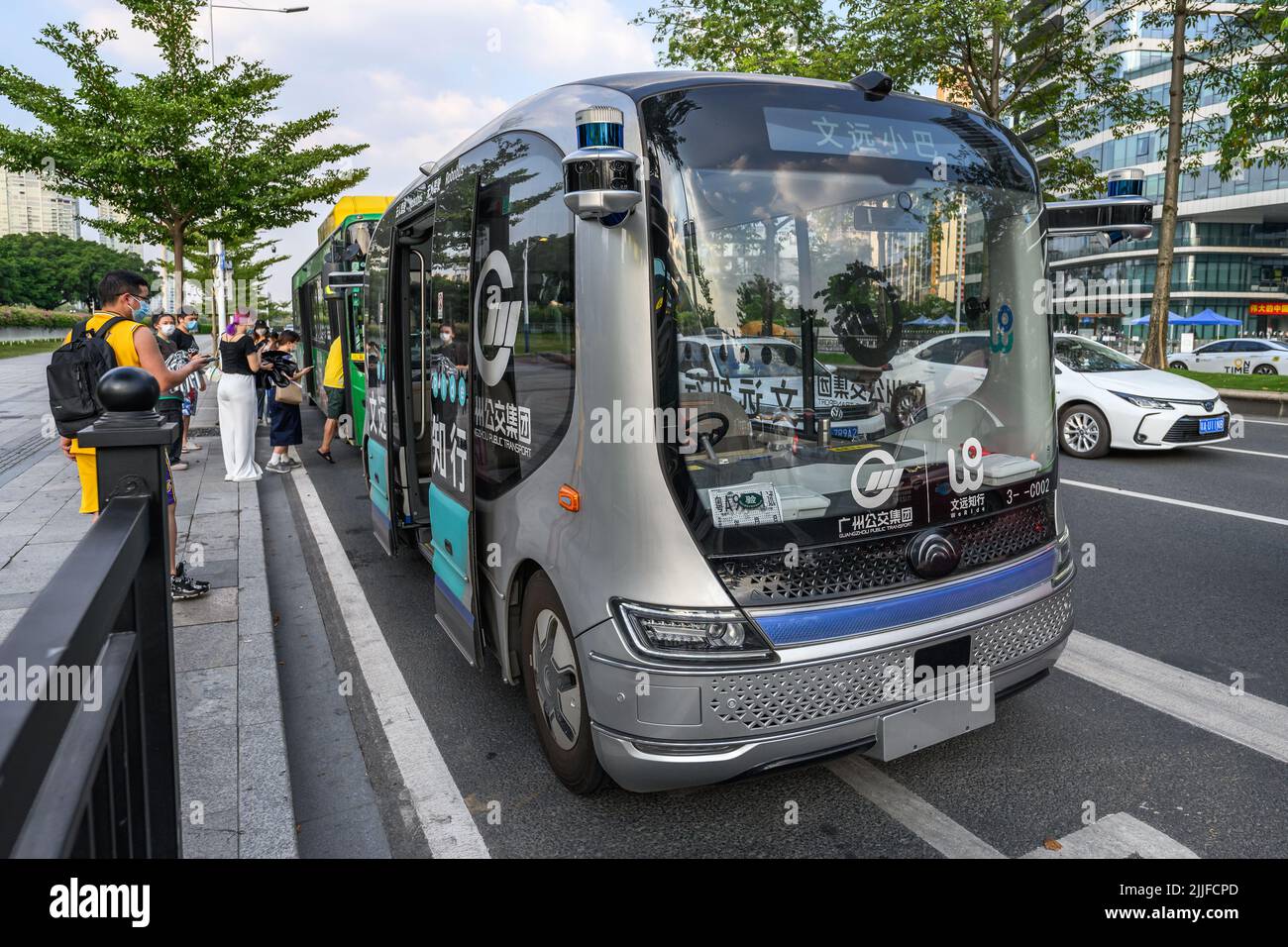 GUANGZHOU, CHINA - JULY 26, 2022 - Self-driving buses are seen during a ...
