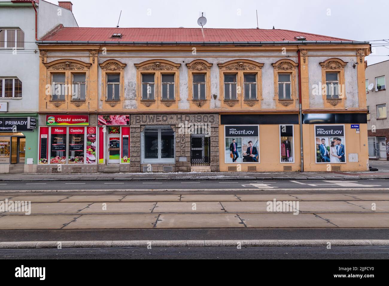 Buildings on 28th October Street in Ostrava city in Czech Republic ...