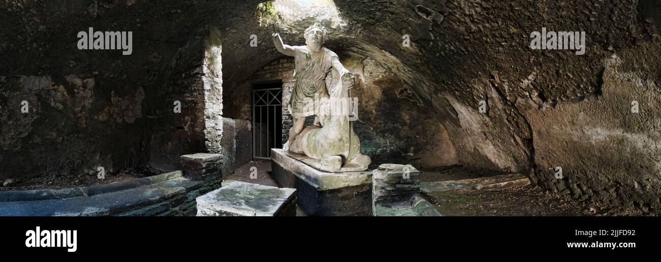 Immersive panoramic view of thermal s mithraeum with statue of the God ...