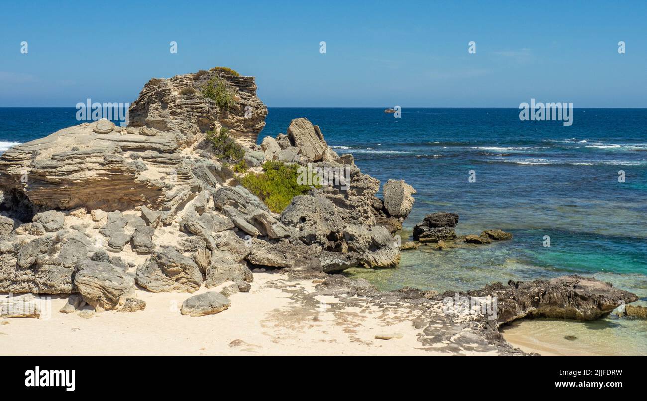Eroded limestone rocks Cape Mentelle Margaret River coastline Western ...
