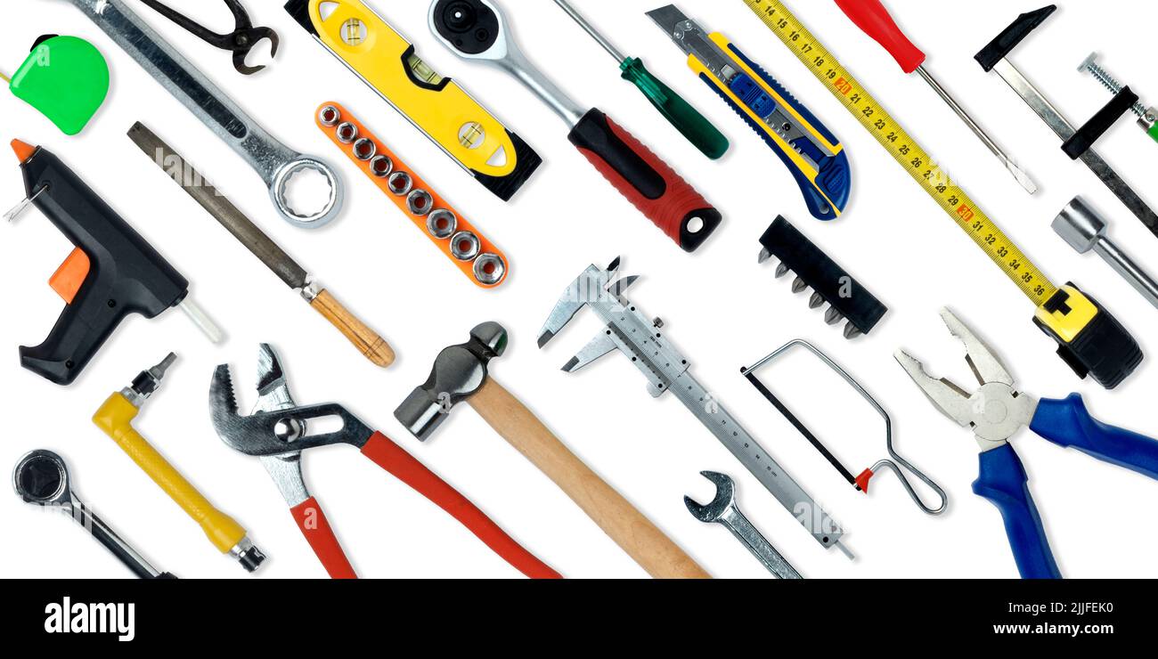 Topview different work tools hi-res stock photography and images - Alamy