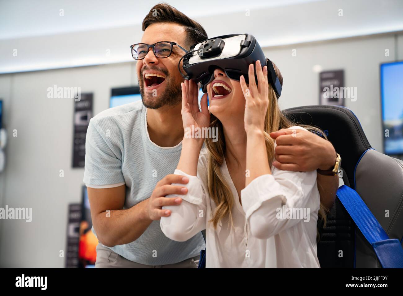 Group of people using virtual reality headset at exhibition, show. VR ...