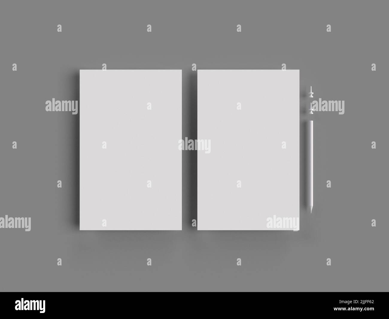 A 3D rendering of two paper sheets with pencil isolated on gray ...