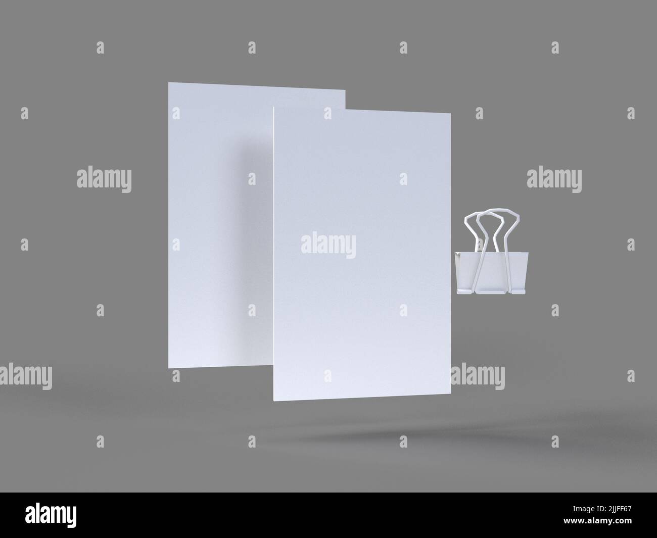 A 3D rendering of two paper sheets with a paperclip isolated on gray ...