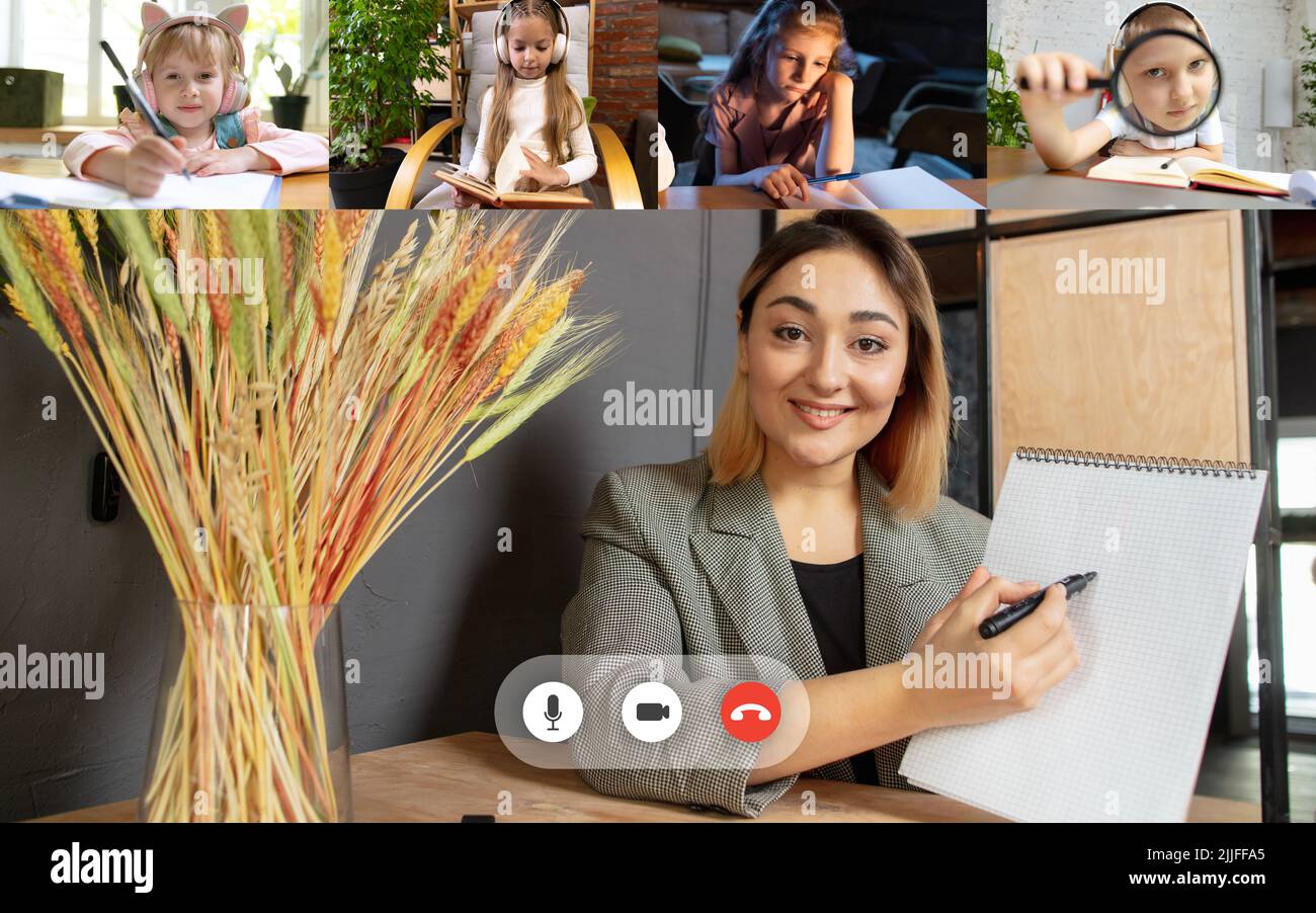 Group of different kids studying online by group video call, use video ...