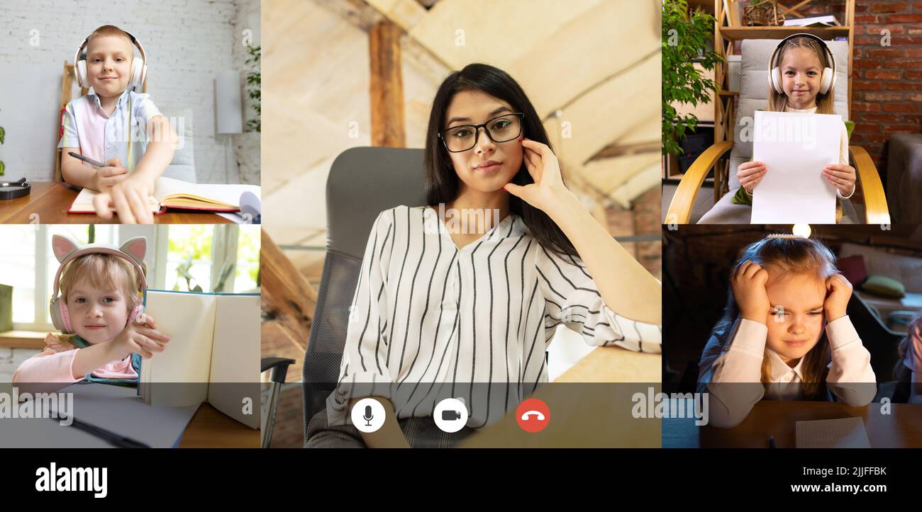 Group of different kids studying online by group video call, use video ...