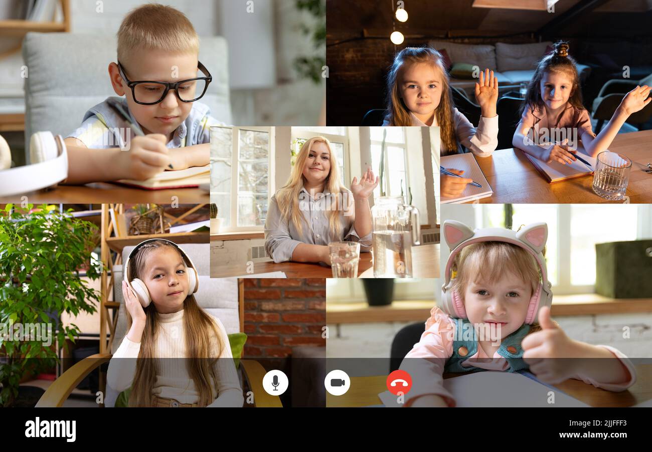 Group of different kids studying online by group video call, use video ...
