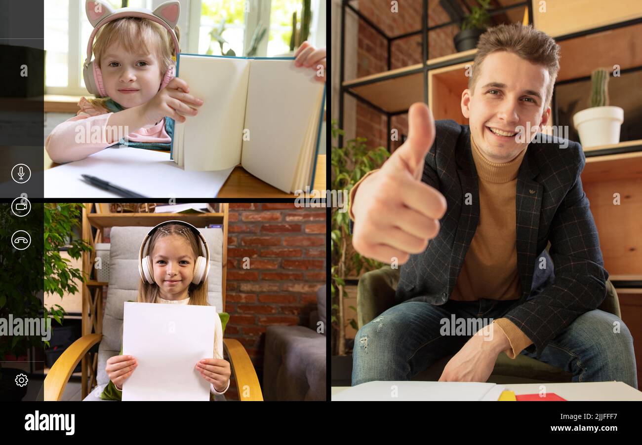 Group of different kids studying online by group video call, use video ...