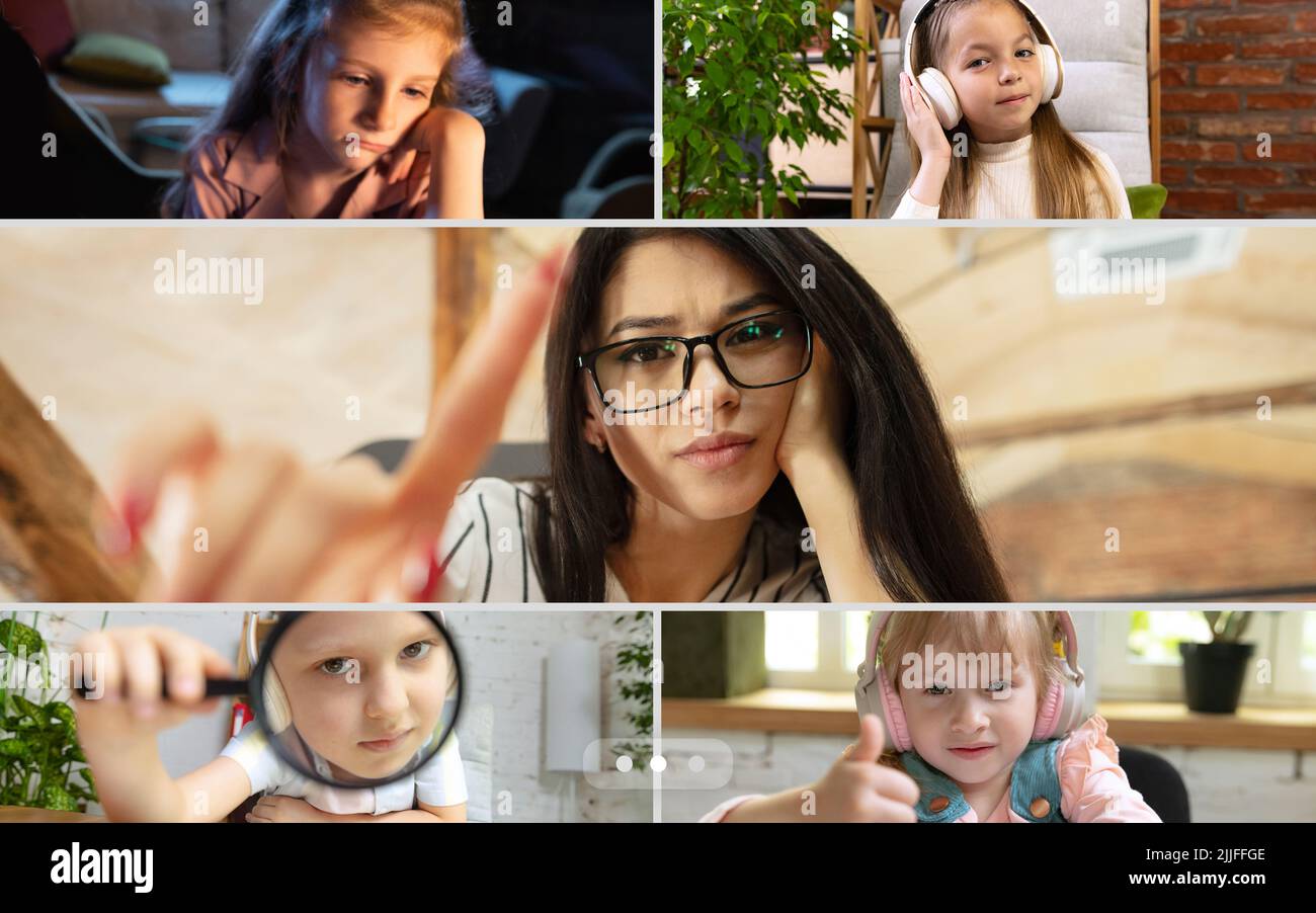 Group of different kids studying online by group video call, use video ...