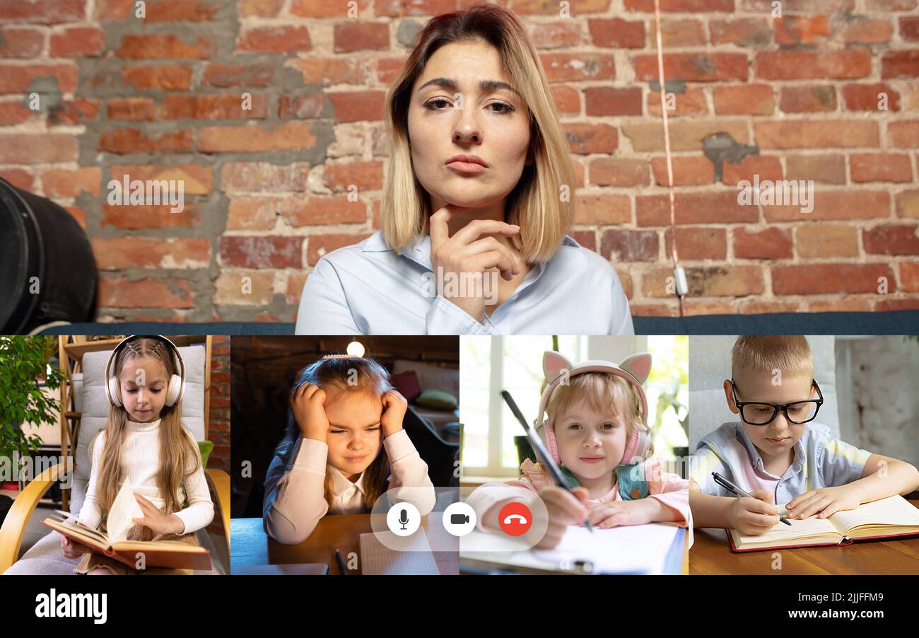 Group of different kids studying online by group video call, use video ...