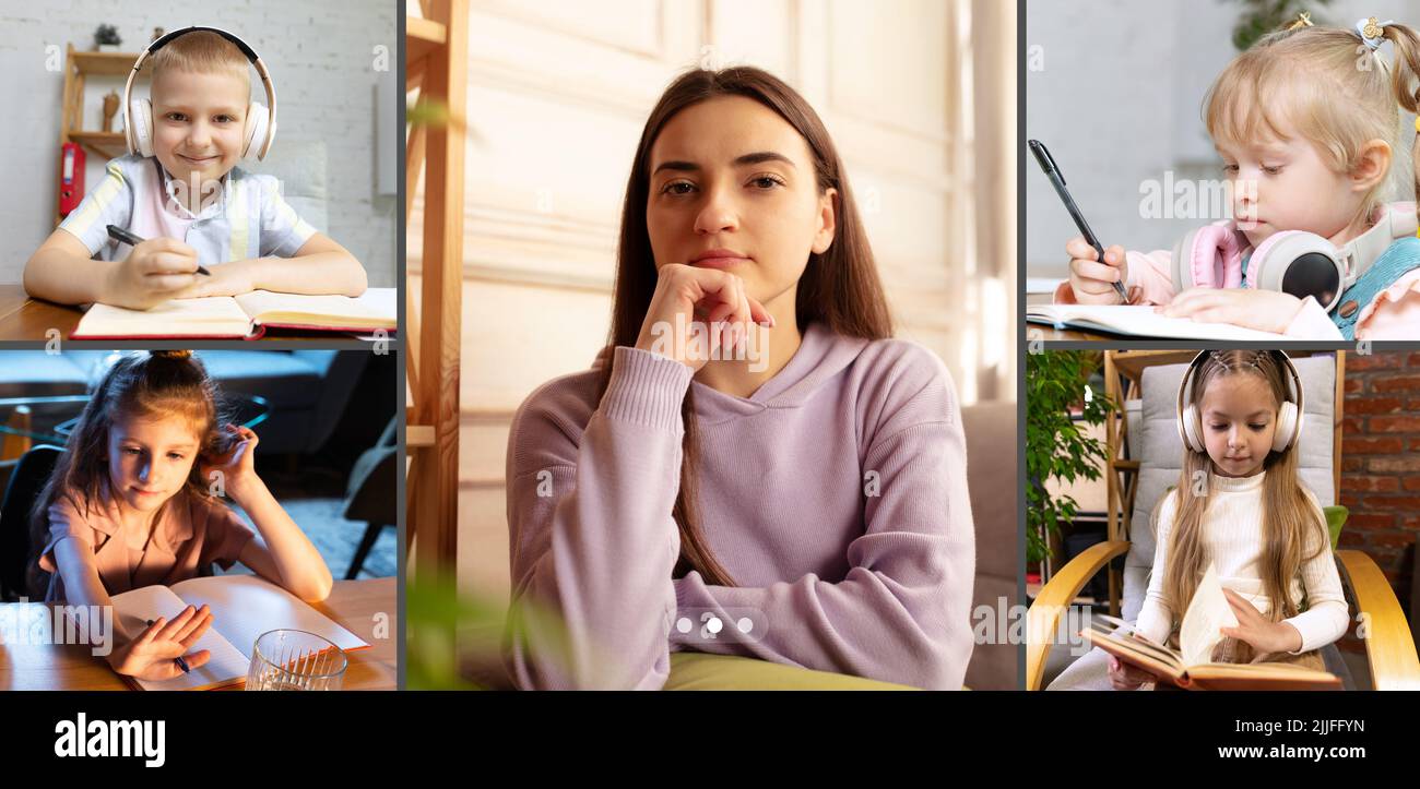 Group of different kids studying online by group video call, use video ...