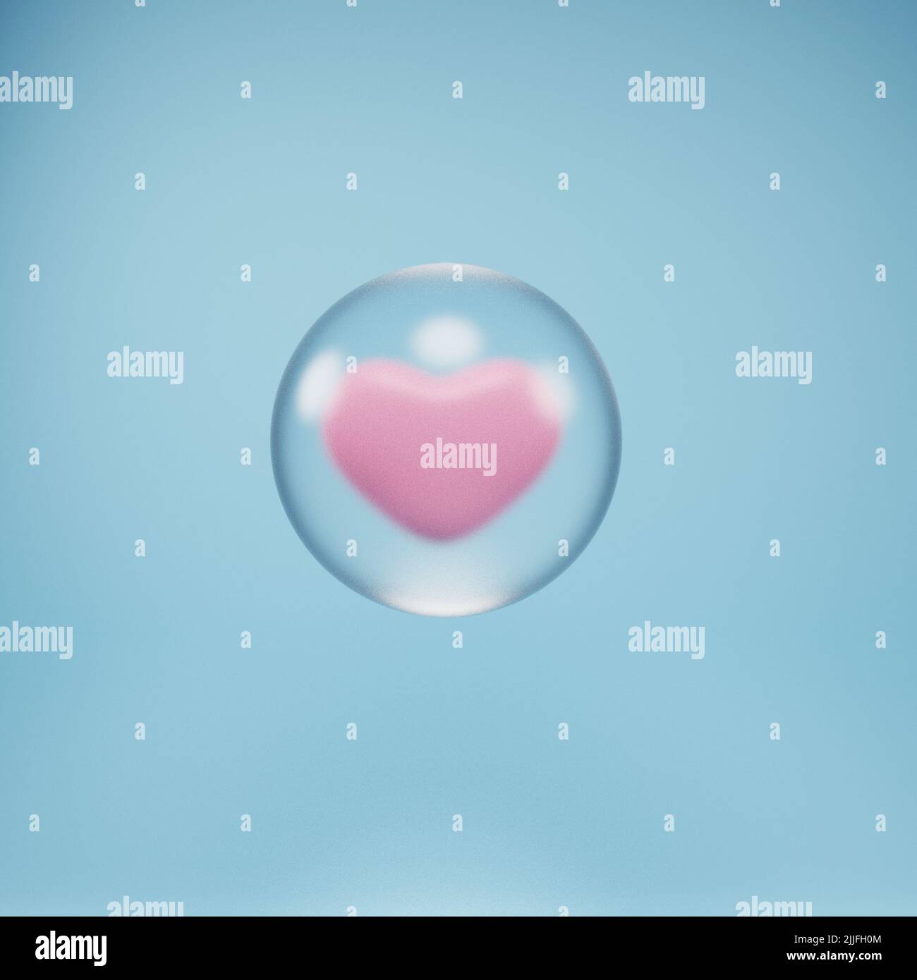 Pink heart in glass bubble against light blue background, 3d render ...