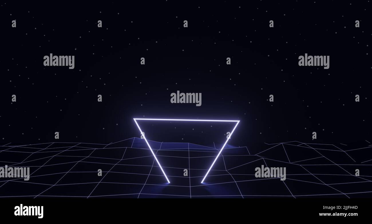 3d render, neon glowing geometric shape, retro wireframe poster Stock ...