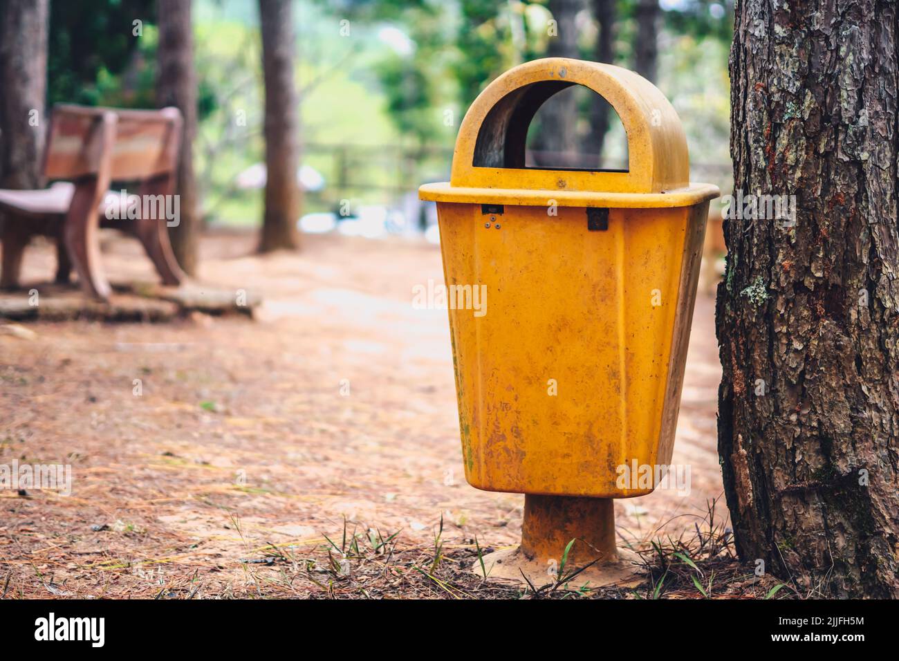 Yellow orange garbage bin in forest park helps to save no public trash ...