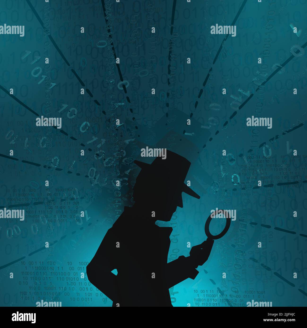 Cyberspace detective shadow figure tether focus, blue color, virtual ...