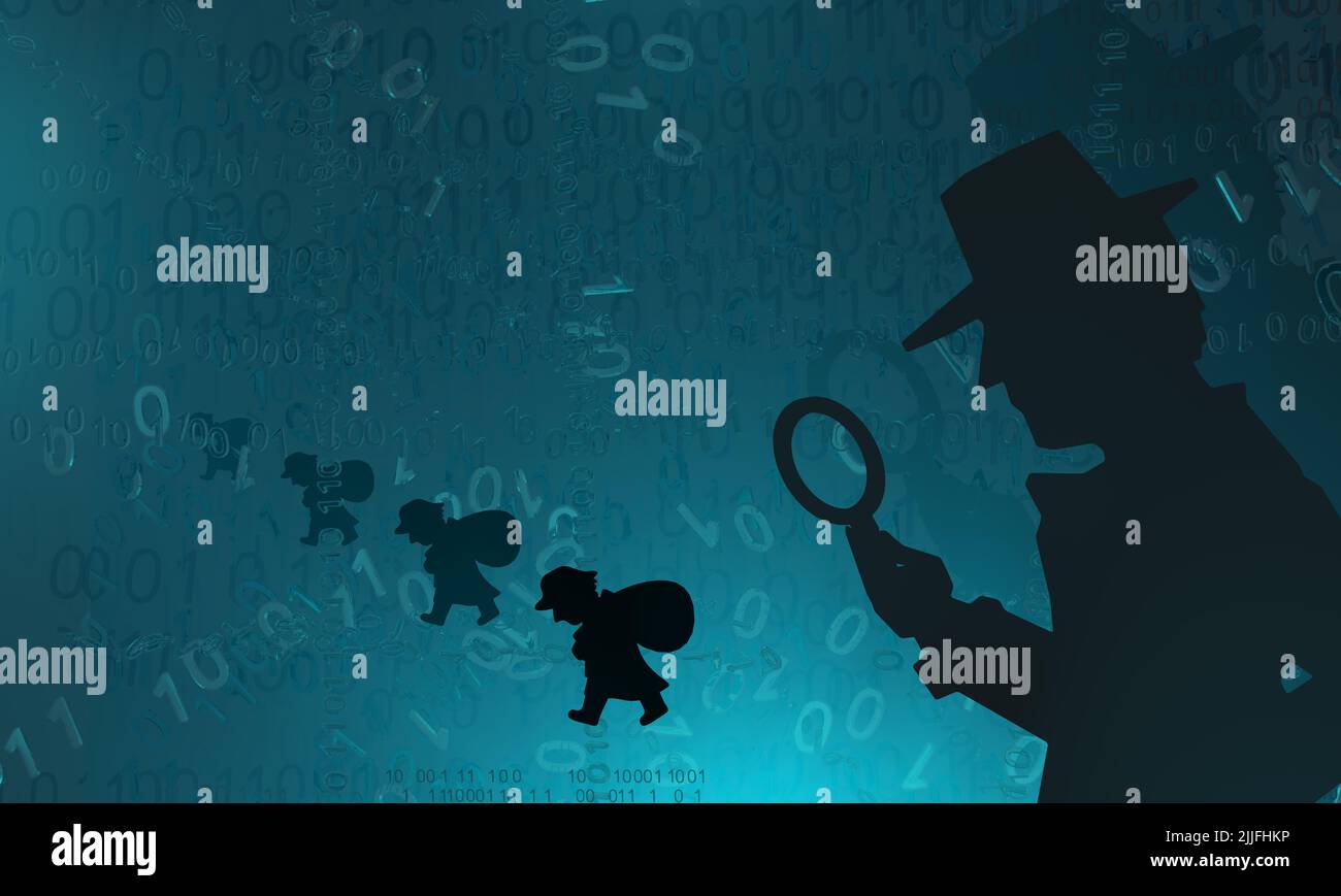 Cyberspace detective shadow figure burglars, blue color, virtual ...