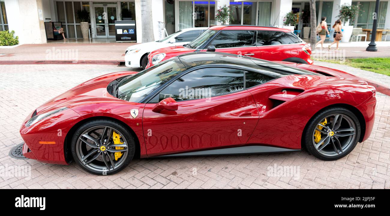 Miami Beach, Florida USA - April 18, 2021: red Ferrari 488 GTB, side ...