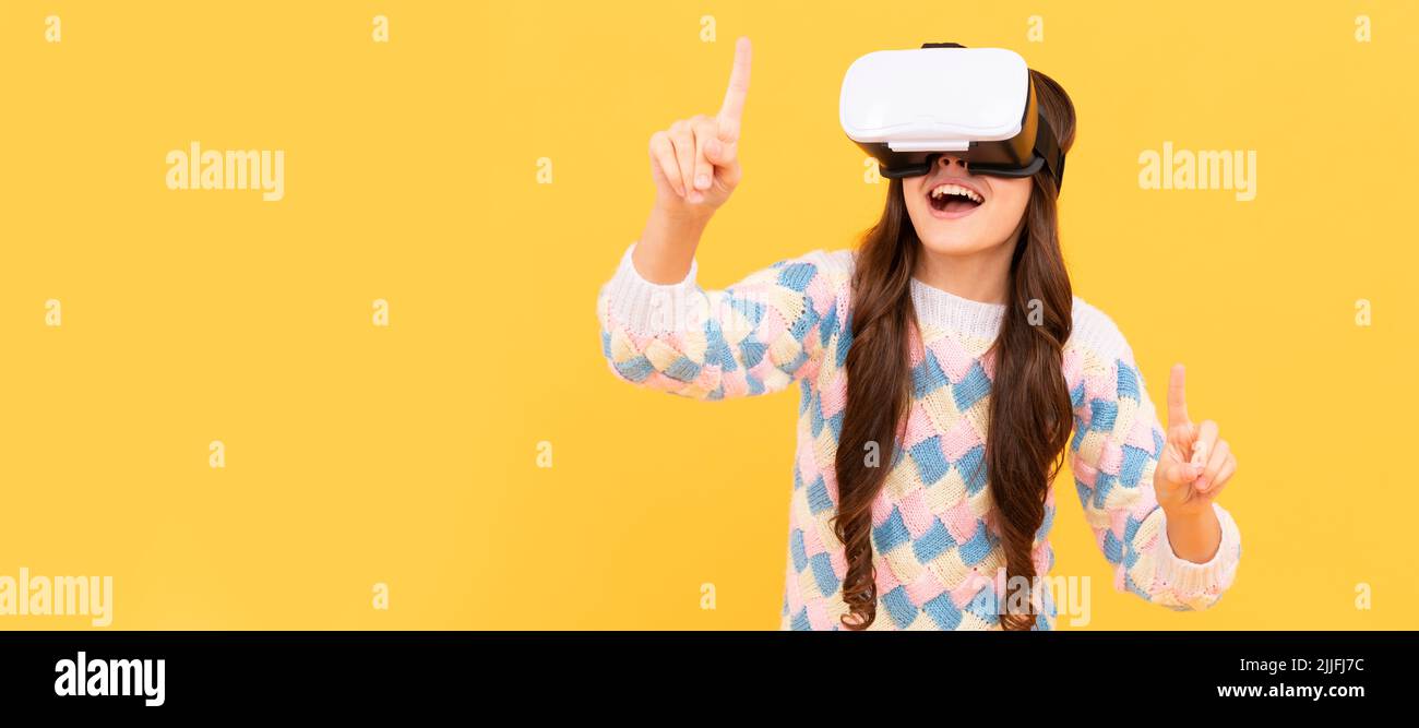 happy teen girl wear vr glasses using future technology for education ...