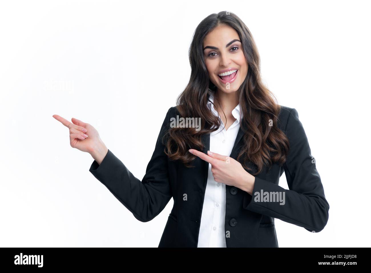 Woman point at copy space, showing copyspace pointing. Promo, girl ...