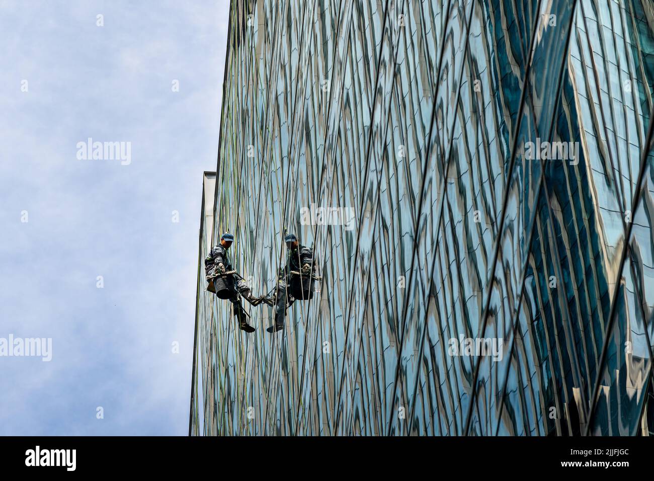 Industrial climber cleaning windows on the facade of an office building ...