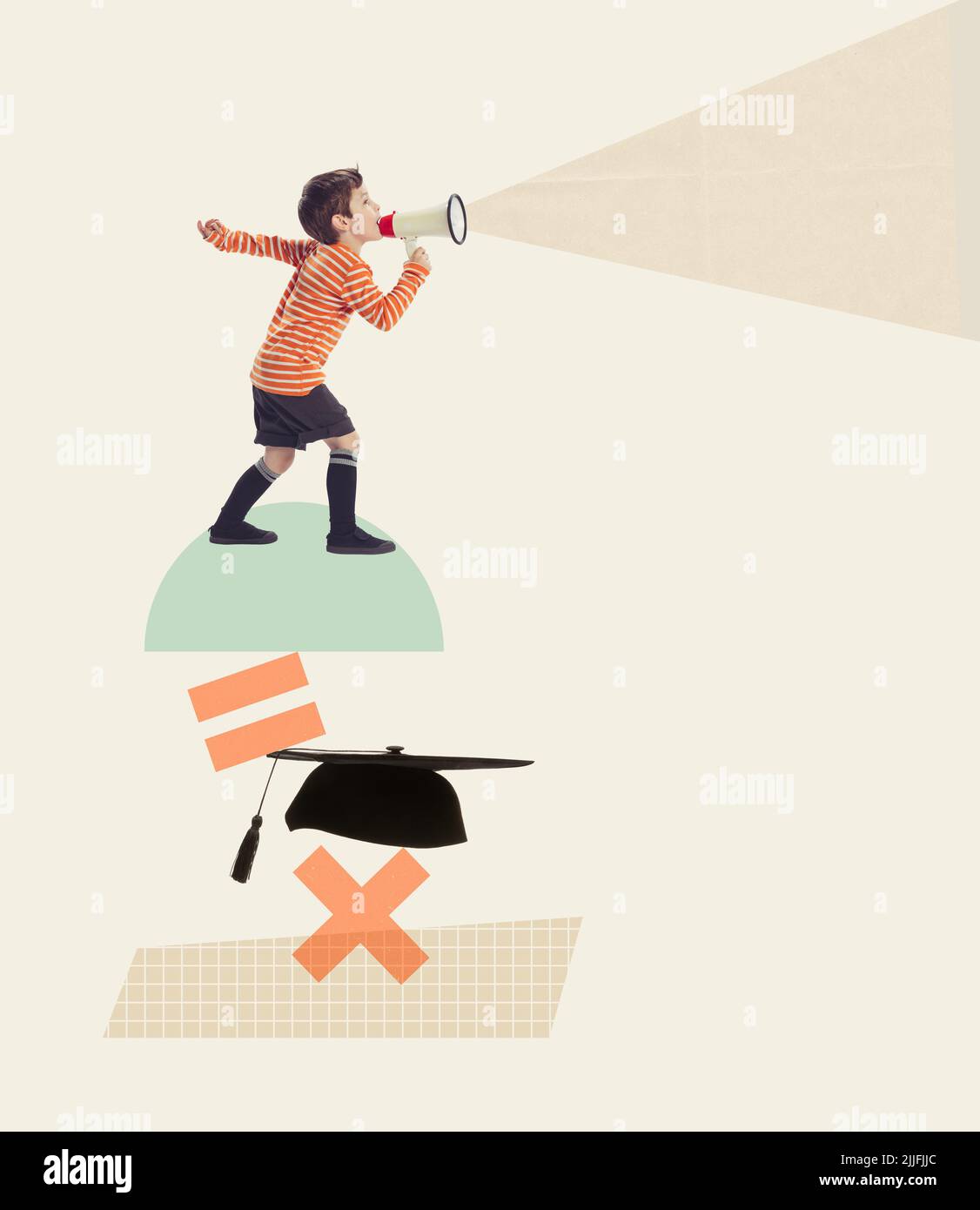 Contemporary art collage. Little boy, child shouting in megaphone. Time ...