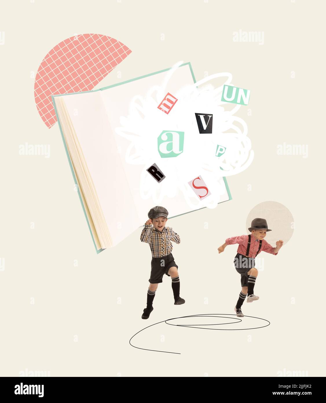 Contemporary art collage. Playful little boys, pupils running away from ...